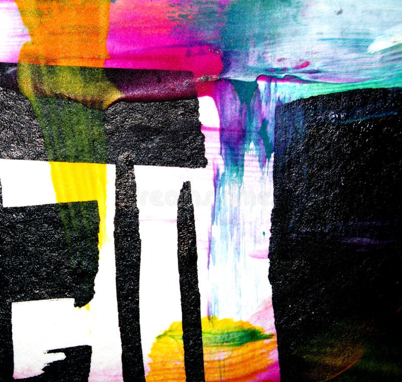 Abstract Real Black Paint Lines and Color Squares Hand Made on White ...