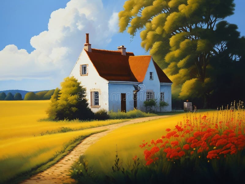 Abstract Realism Painting, a House in the Countryside Stock ...