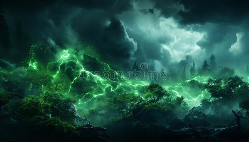 Abstract Realistic Nature Green Lightning Thunder on Forest Stock ...