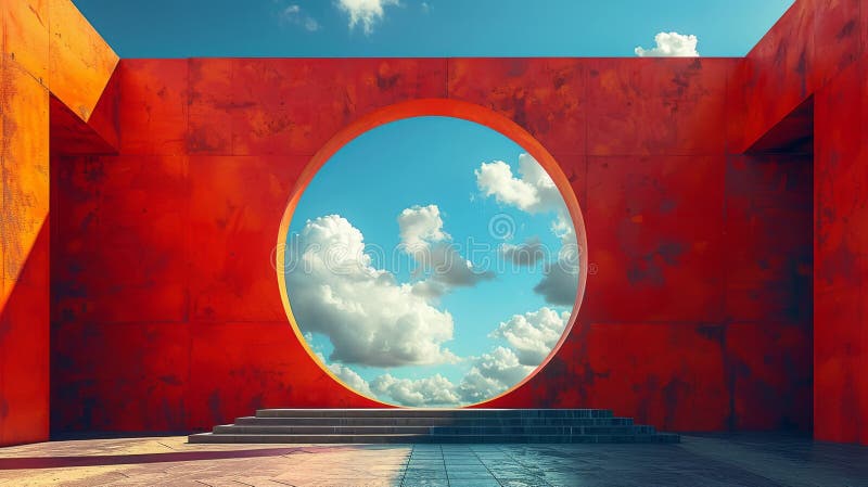 Abstract Red Architectural Structure with Circular Opening Framing Blue ...