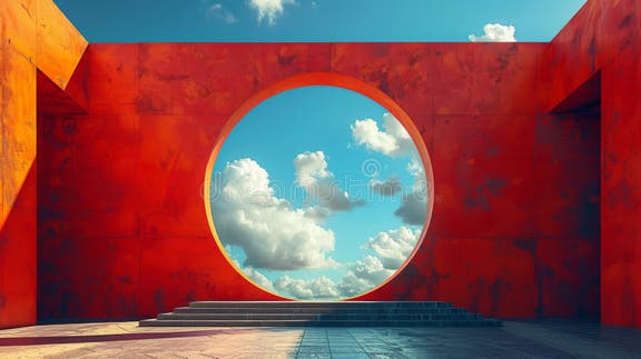 Abstract Red Architectural Structure with Circular Opening Framing Blue ...