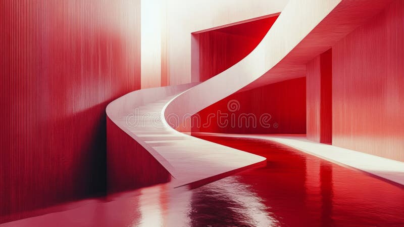 Abstract Red Architecture Featuring a Curving Staircase and Pool Stock ...