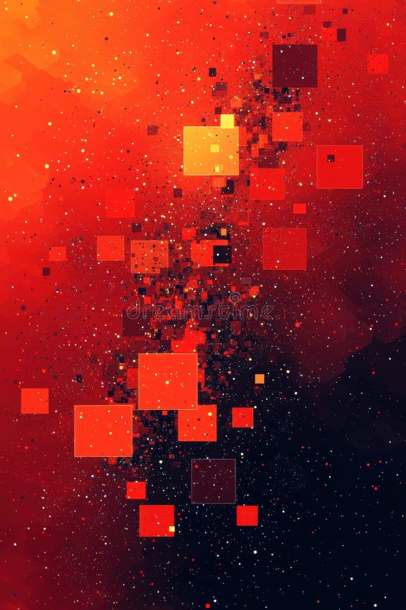 Abstract Red Background with Glowing Squares and Digital Grid Patterns ...