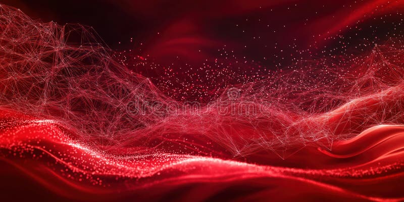 Abstract Red Background with Network Mesh, Particle Connections. Wavy ...