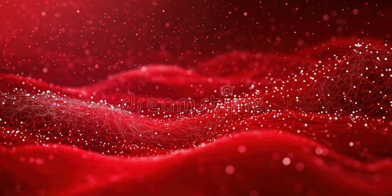 Abstract Red Background with Network Mesh, Particle Connections. Wavy ...
