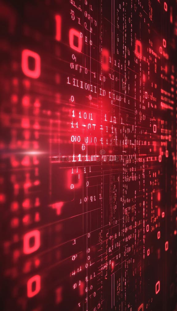 Abstract Red Binary Code Data Flowing on a Technology Background ...