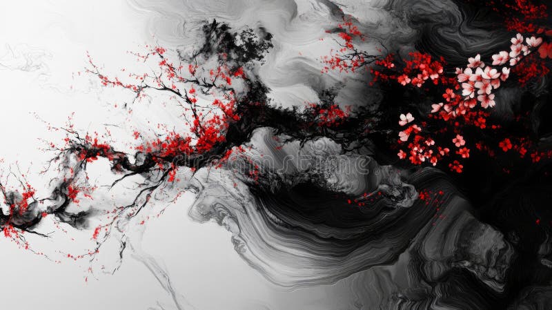 Abstract Red and Black Ink Painting with Cherry Blossoms Stock ...