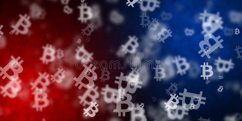 Abstract Red and Blue Background with Flying Bitcoin Logos Stock Photo ...
