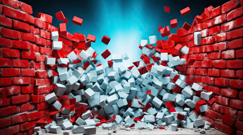 Abstract Red and Blue Brick Wall Explosion Stock Illustration ...