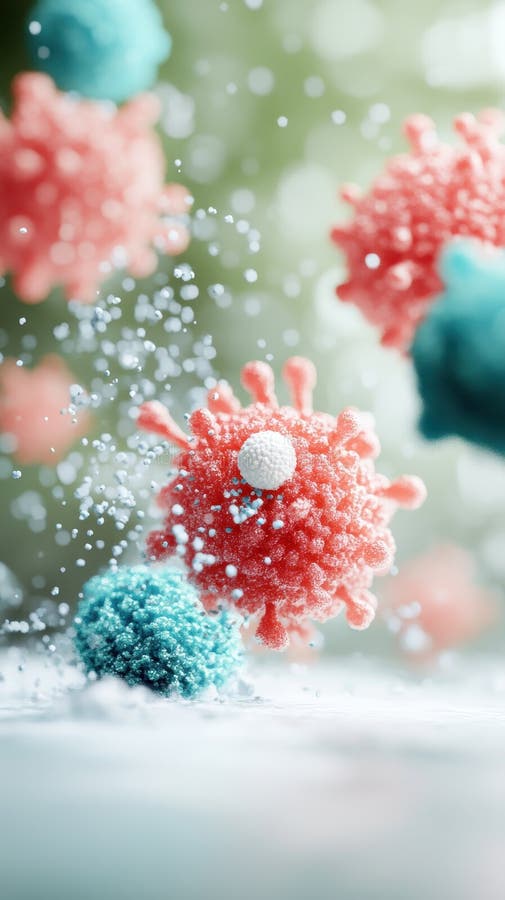 Abstract Red and Blue Virus Particles with White Cell on Blurred ...