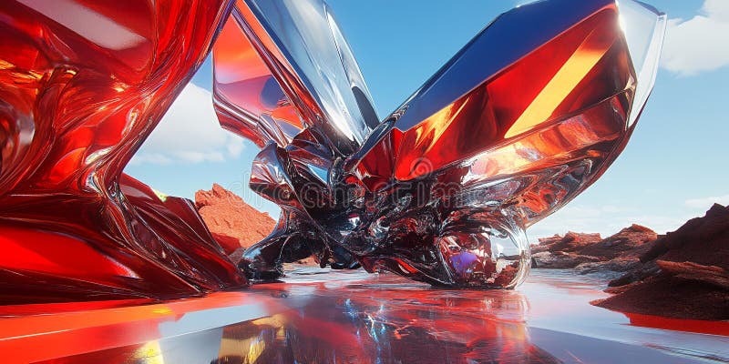 Abstract Red and Chrome Sculpture in a Desert Landscape Digital 3D ...