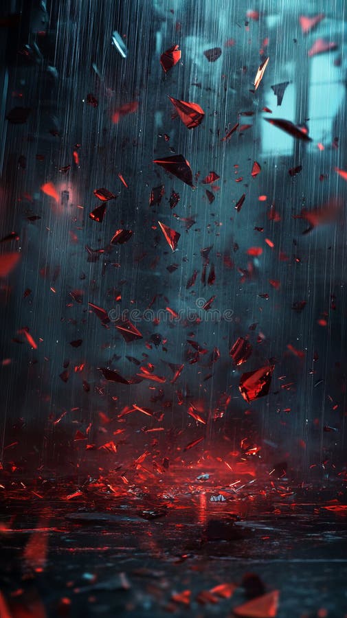 Abstract Red Crystal Shards Falling in Dark Atmospheric Scene with ...