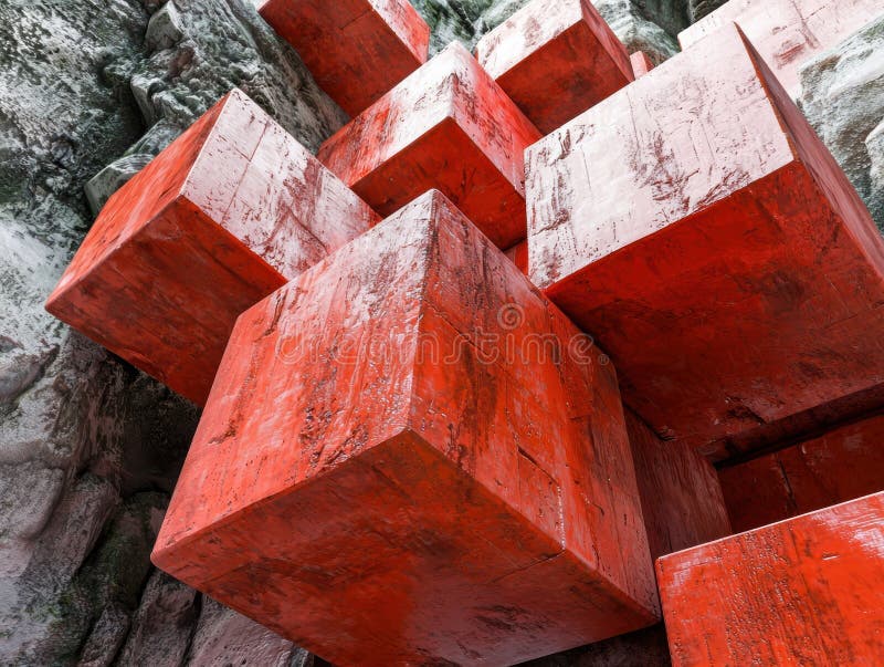 Abstract Red Cube Art Installation Against a Rock Face Stock ...