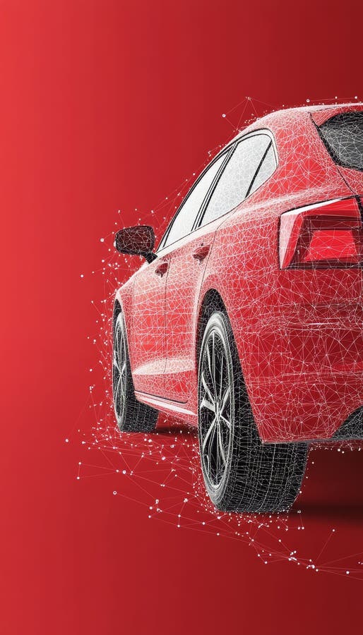 Abstract Red Digital Car with Connected Dots and Triangles. Network ...