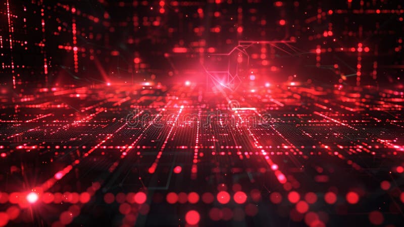 Abstract Red Digital Landscape with Glowing Grids and Interconnected ...