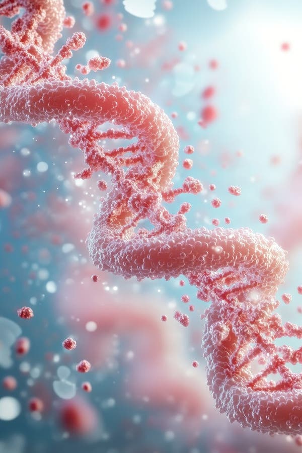 Abstract Red DNA Helix Structure with Small Particles Floating in a ...
