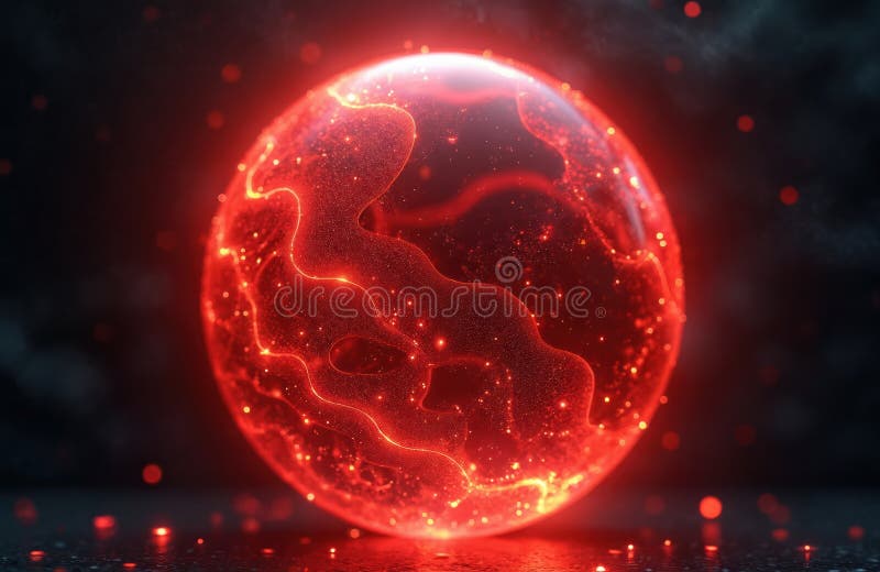 Abstract Red Energy Sphere with Glowing Particles Waves on Dark ...