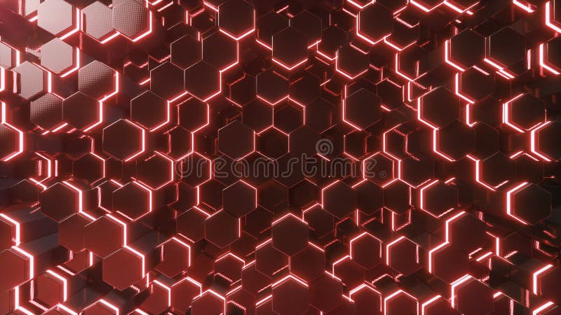 Abstract Red of Futuristic Surface Hexagon Pattern with Light Rays. 3D ...