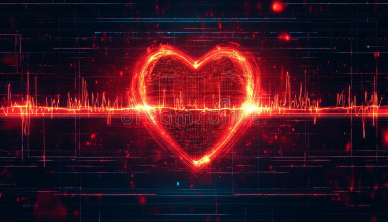 Abstract Red Glowing Heart Shape on ECG Pattern and Black Grid ...
