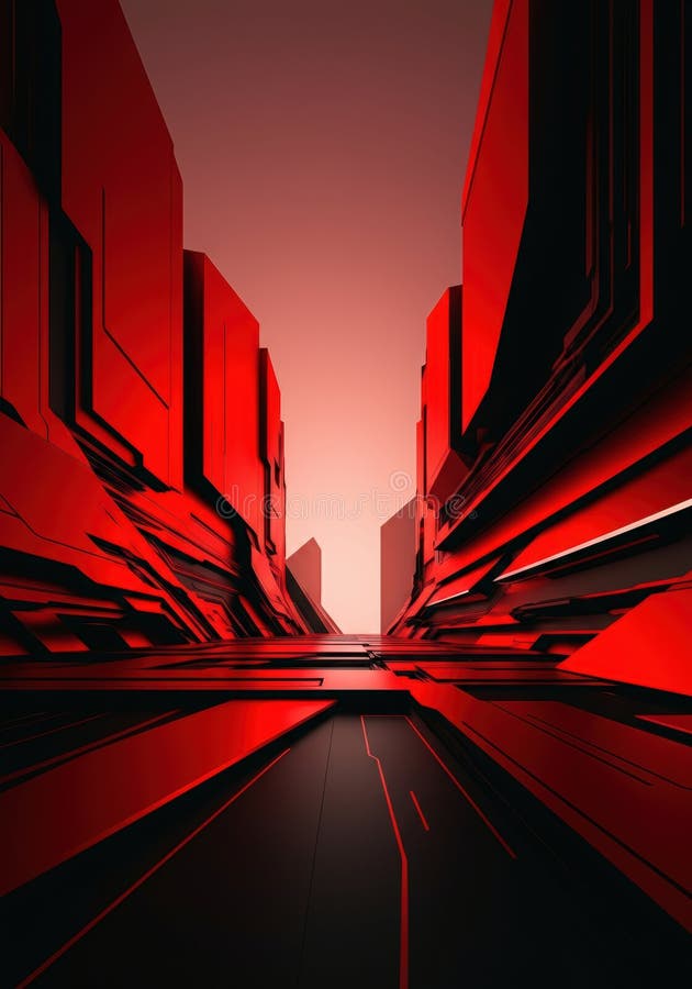 Abstract Red Landscape with Futuristic Geometric Structures and Depth ...