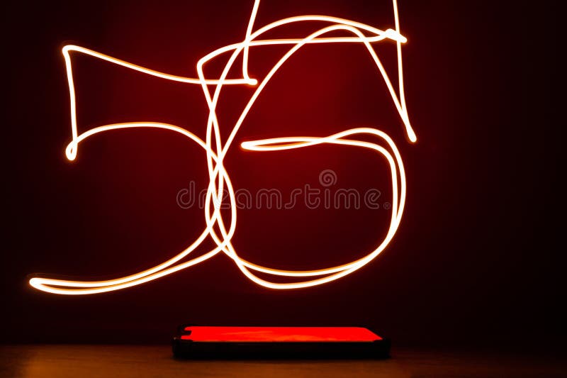 Abstract Red Lines Long Exposure Light Shape of 5G. Network Internet ...