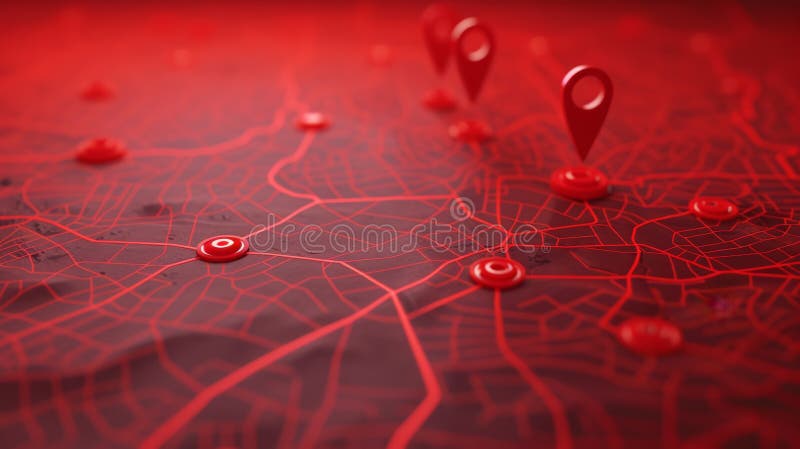 Abstract Red Map with Location Pins and Pathways Stock Photo - Image of ...
