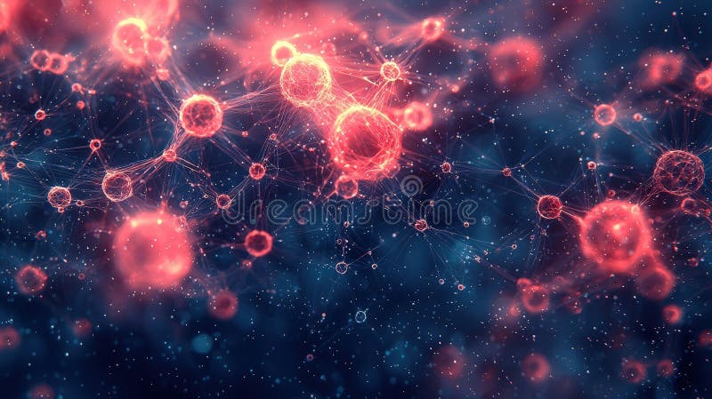 Abstract Red Microorganisms and Molecular Structures on Blue Background ...