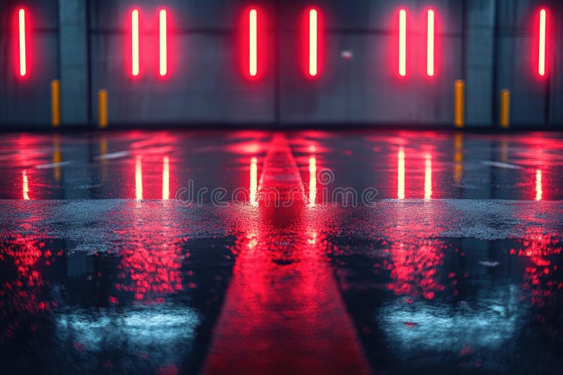 Abstract Red Neon Lights Reflected in an Empty Parking Lot: Urban Stock ...
