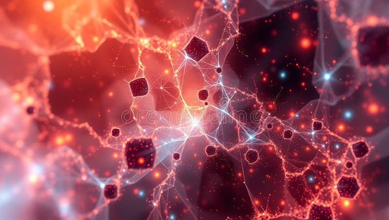 Abstract Red Network with Glowing Cubes and Particles Stock ...