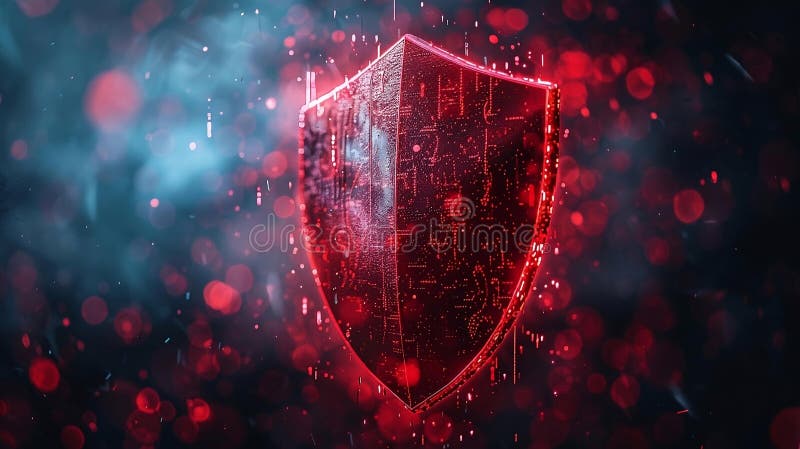 Abstract Red Shield with Digital Binary Code Particles, Depicting ... Abstract Red Shield with Digital Binary Code Particles, Depicting ...