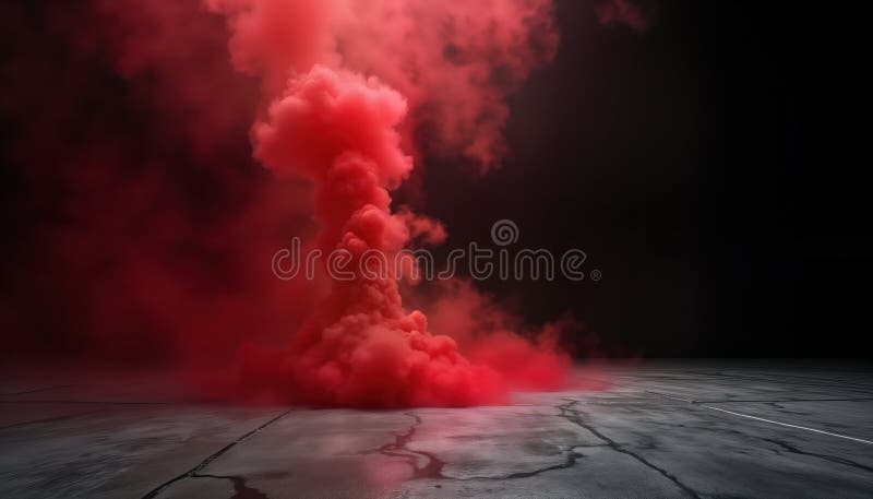 Abstract Red Smoke Plume Rises in Dark Indoor Space. Empty Concrete ...