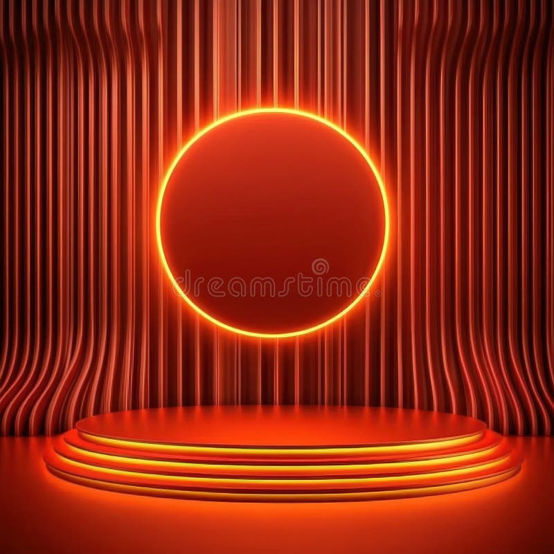 Red Stage with Neon Circle and Illuminated Steps. Stock Illustration ...