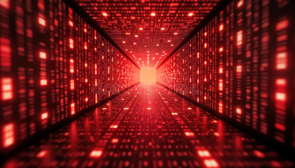 Abstract Red Tech Tunnel. Digital Code Patterns Fill Walls, Floor. Futuristic Matrix Design ...