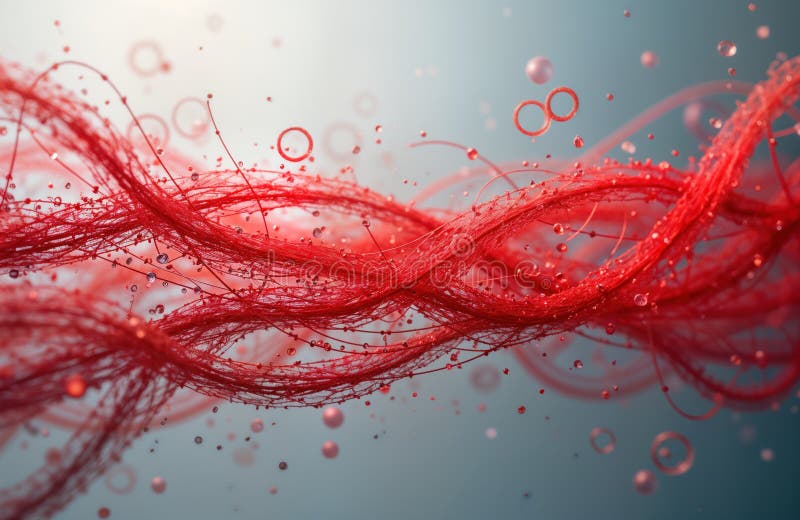 Abstract Red Threads Swirl, Interact with Water Droplets. Fluid Motion ...