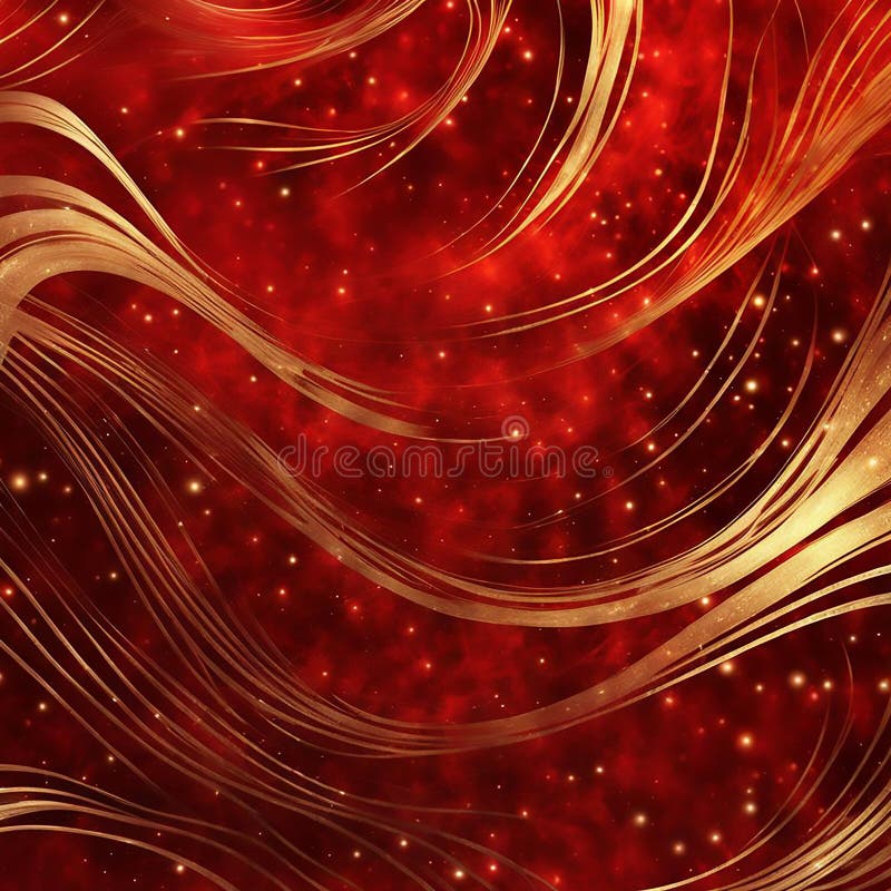 Abstract Red Waves Pattern with Bright Sparse Gold Curves, Watercolor ...