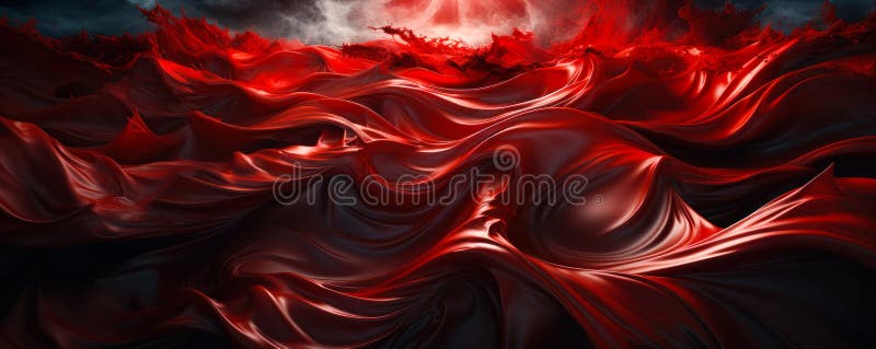 Abstract Red Waving Flag or Material on Dramatic Cloudy Sky Background ...