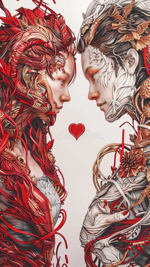 Abstract Red and White Figures in Intricate Floral Design Facing Each ...