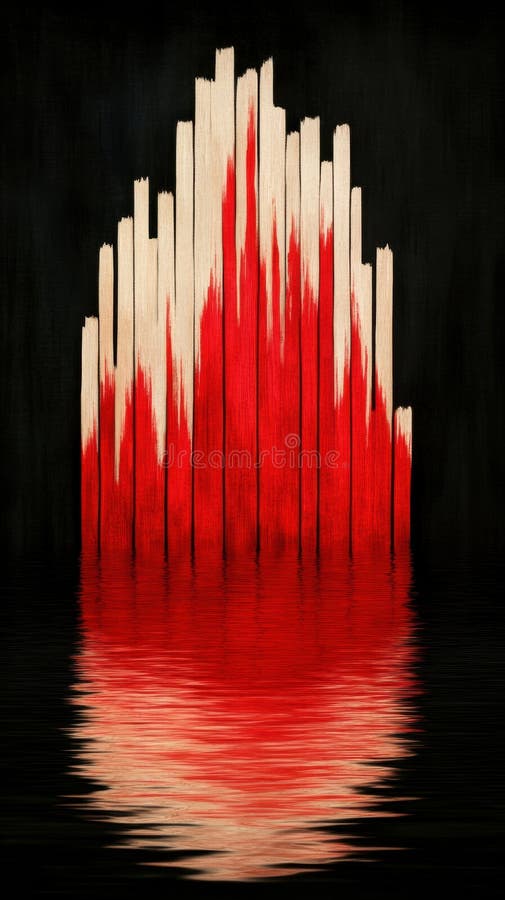 Abstract Red and White Vertical Lines Reflect on a Dark, Rippling ...