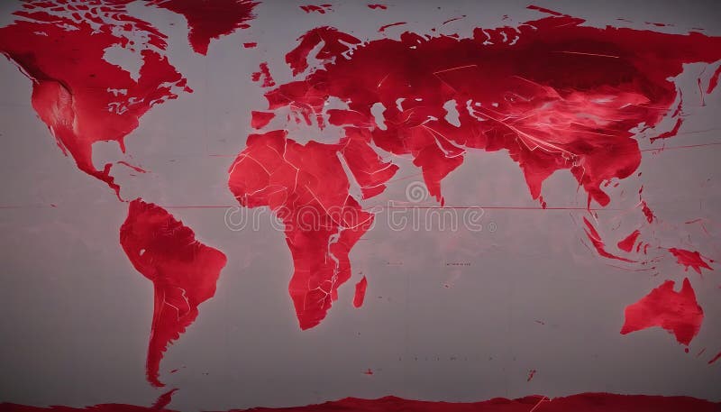 Abstract Red World Map Artwork with Geographic Details and Lines Stock ...