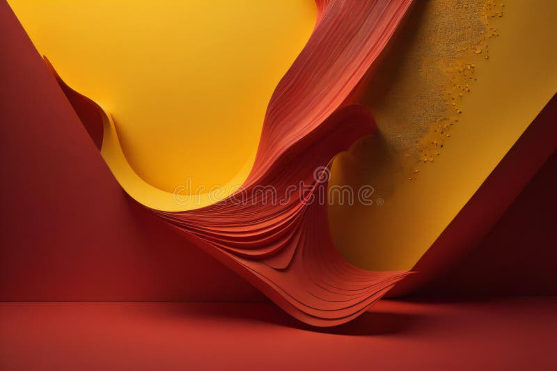 Abstract Red and Yellow Curved Paper Layers in Empty Room. Ai Generated ...