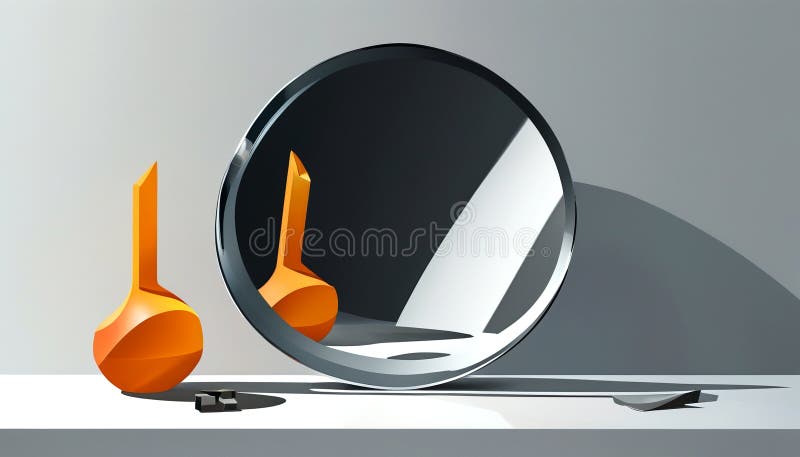 Abstract Reflection Featuring Orange Forms and a Circular Mirror on a ...
