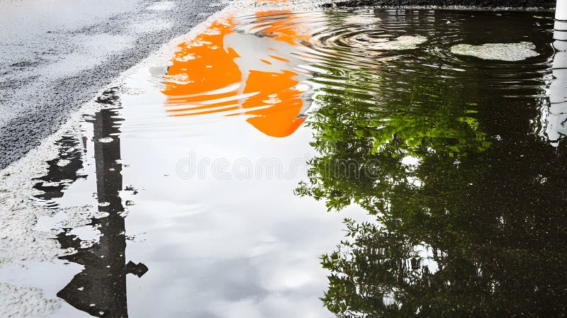 Abstract Reflections in a Rainy Puddle, Orange and Royalty Free Image ...