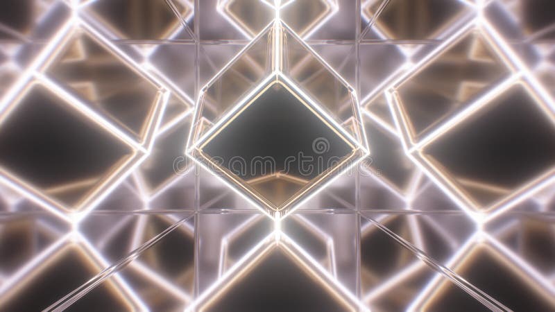 Abstract Reflective Solid Gold Neon Glow Cube Spinning in Mirror Room ...