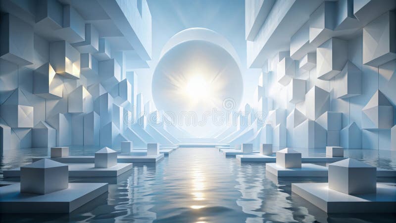 Abstract Reflective Waterscape with Geometric Structures and Celestial ...