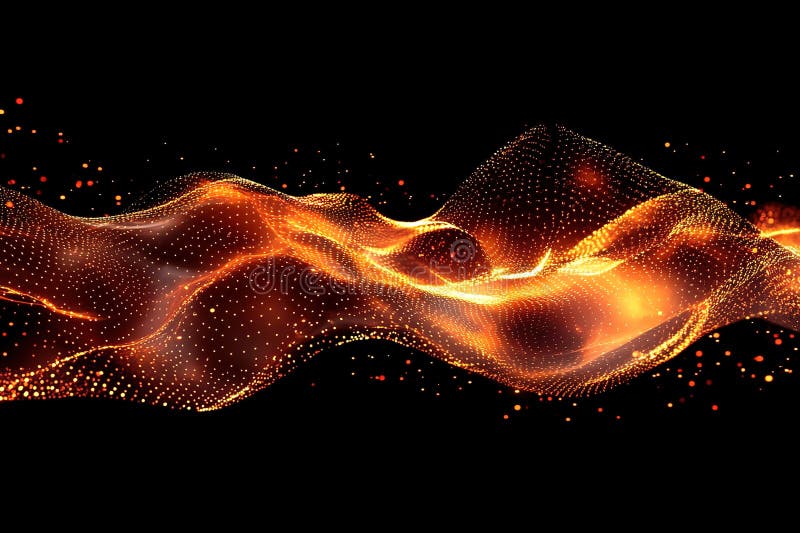 Abstract Glowing Mesh Wave on Black, Luminous Dots, Particles, Fire ...