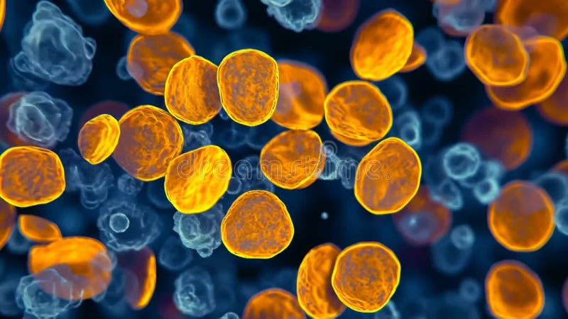 Abstract Rendering of Orange and Blue Cells Floating in a Dark Blue ...