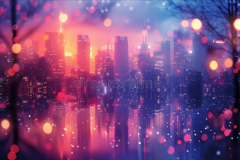 Abstract Rendition of a City Skyline at Sunset, with Exaggerated Colors ...