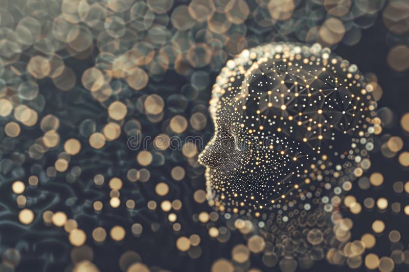 Abstract Representation Of Ai Digital Face Dissolving Into Binary Code And Neural Patterns Stock