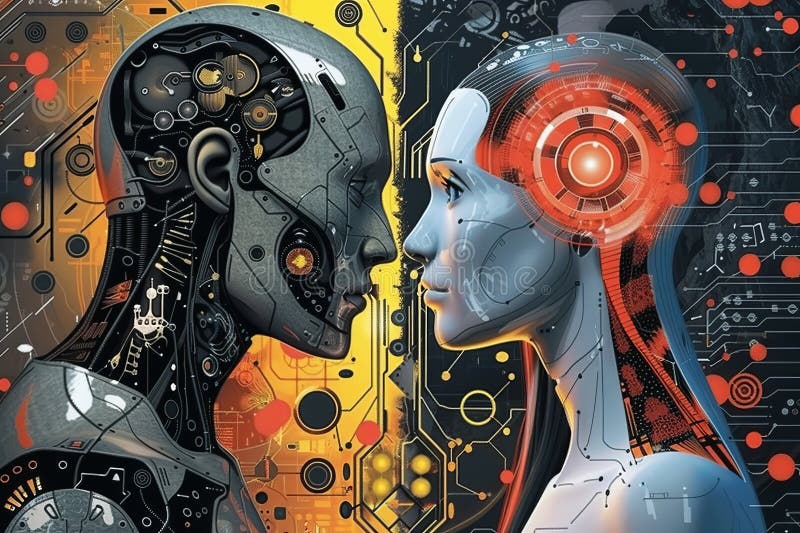 Abstract Representation Of Ai Digital Face Merging With Binary Code And Neural Patterns Stock