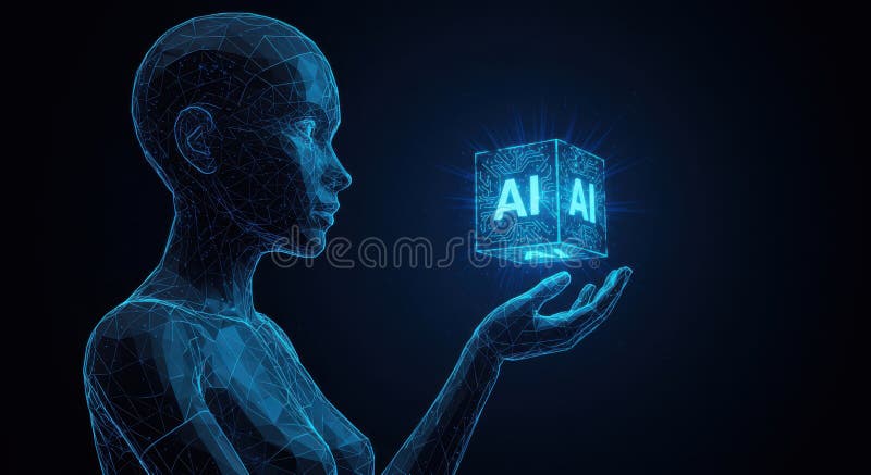 Abstract Ai Figure Holding a Glowing Cube with Ai Letters Stock ...